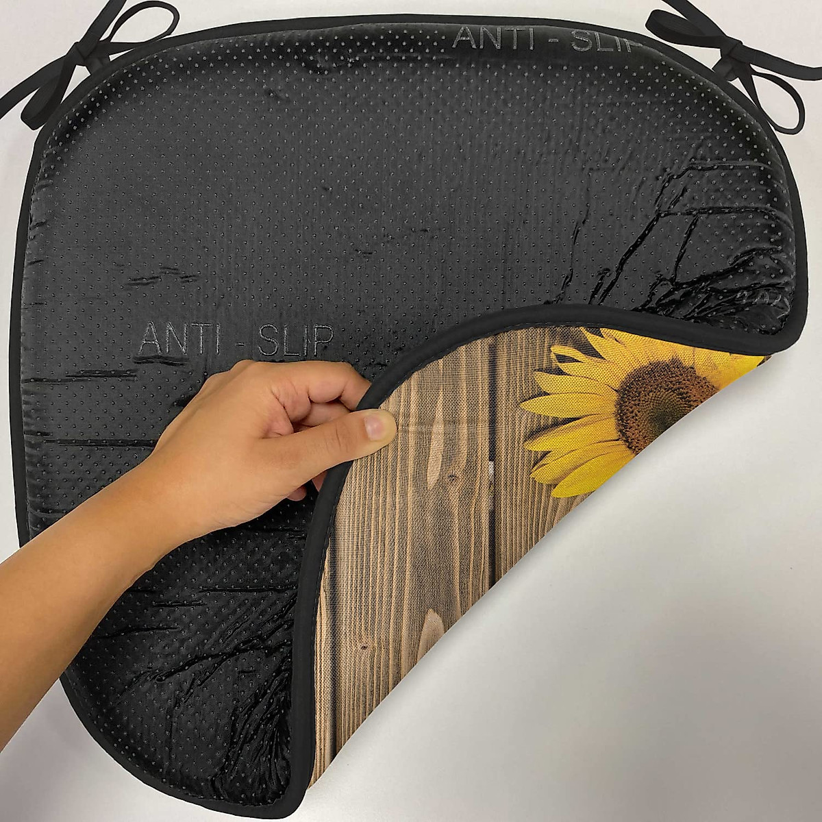 Lunarable Sunflower Chair Cushion Pads Set of 4, 3 Sunflowers on Wooden Background at Top Left Corner Picture Print, Anti-Slip Seat Padding for Kitchen & Patio, 16"x16", Umber Earth Yellow