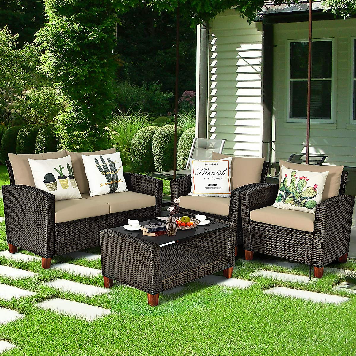 Tangkula 4 Piece Patio Rattan Furniture Set, Onesize, Beige