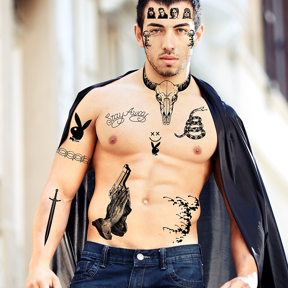 21 Sheets Halloween Tattoos, Malone Tattoos, Malone Face Temporary Tattoos Halloween Face Temporary Tattoos Skull, Spider, Snake, Lion, Owl, Bear tattoos for Halloween Costume Accessories and Parties