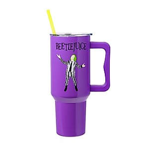 Silver Buffalo Tim Burton Beetlejuice Stainless Steel Tumbler with Handle and Straw, Fits in Standard Cup Holder, 40 Ounces