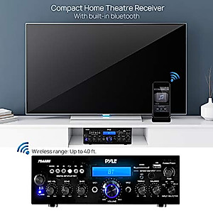 Pyle Wireless Bluetooth Power Amplifier System - 200W Dual Channel Sound Audio Stereo Receiver w/ USB, SD, AUX, MIC w/ Echo, Radio, LCD - For Home Theater Entertainment via RCA, Studio Use - PDA6BU.6