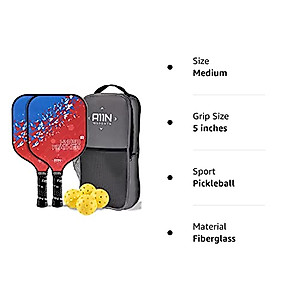 A11N HyperFeather R Pickleball Paddles Set of 2 for Beginners with 4 Outdoor Balls and 1 Backpack, Blue/Red