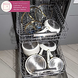 Paris Hilton Epic Nonstick Pots and Pans Set, Multi-layer Nonstick Coating, Tempered Glass Lids, Soft Touch, Stay Cool Handles, Made without PFOA, Dishwasher Safe Cookware Set, 12-Piece, Cream