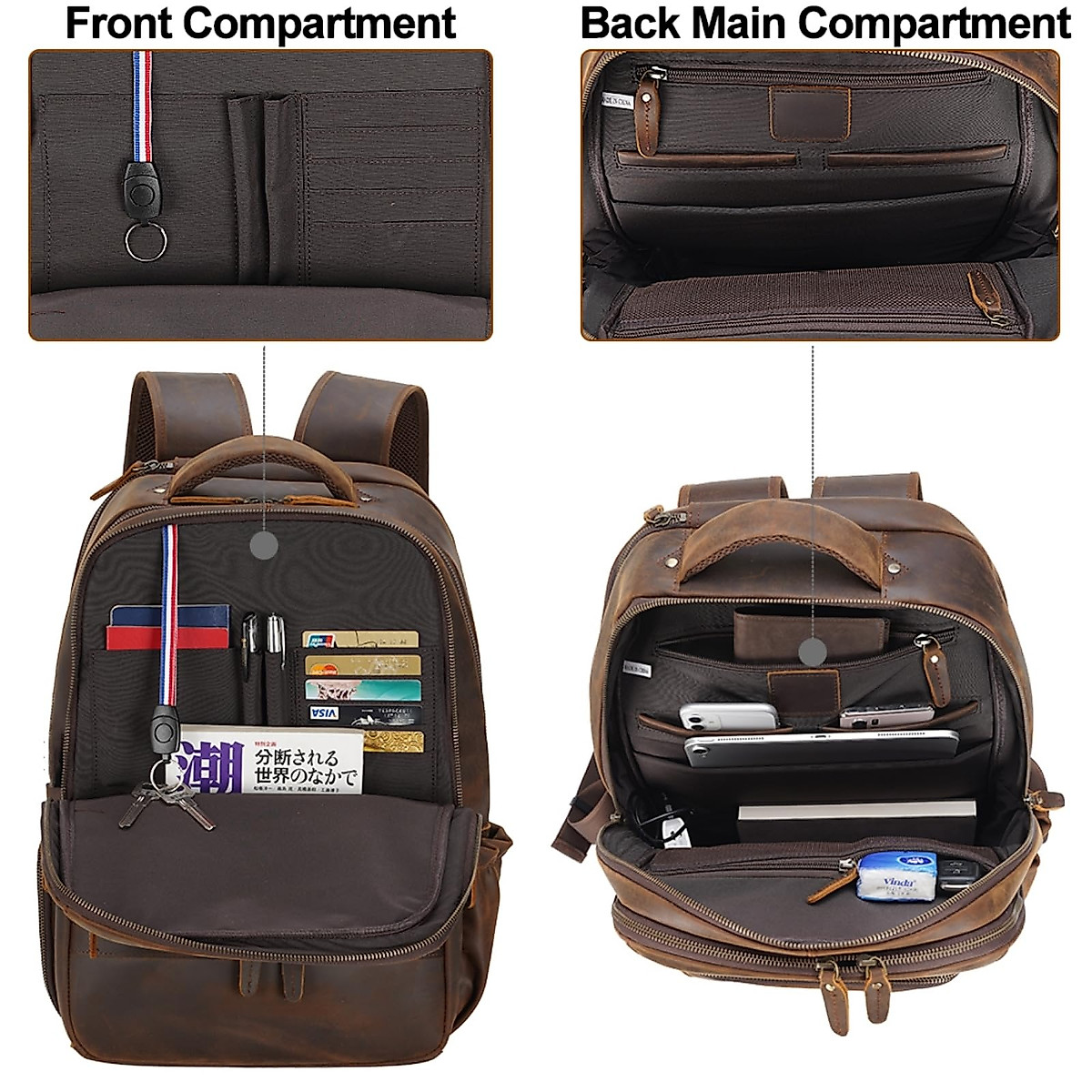 Masa Kawa Full Grain Leather 15.6” Laptop Backpack for Men Vintage Large Travel Rucksack Bag School Bookbag Daypack