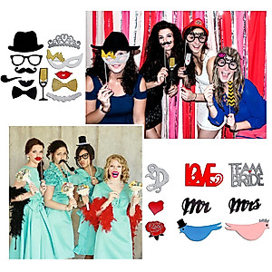 Andiker Photo Booth Props Wedding, 31 Pcs Funny Photo Booth Accessories with Wooden Stick, Shinny Photo Booth Accessories for Bridal Shower, Party and Valentine Include Tie, Hat, Mustaches