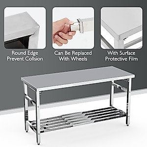 Stainless Steel Kitchen Work Table, 60 x 24 in Metal Commercial Food Prep Work Bench with Adjustable Shelf, Stainless Steel Folding Island Table for Kitchen, Restaurant, No Assembly