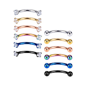 Mudder 12 Pieces 16 Gauge Stainless Steel Belly Lip Ring Eyebrow Studs Cartilage Tragus Cubic Zirconia Barbell Body Piercing, 2 Styles