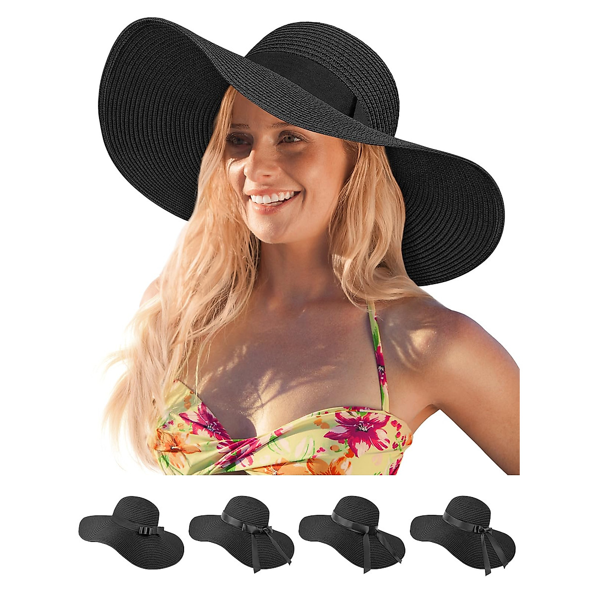 Beach Hats for Women, Wide Brim Sun Straw Hat Foldable Summer Floppy Hat UV Protection Cap Black