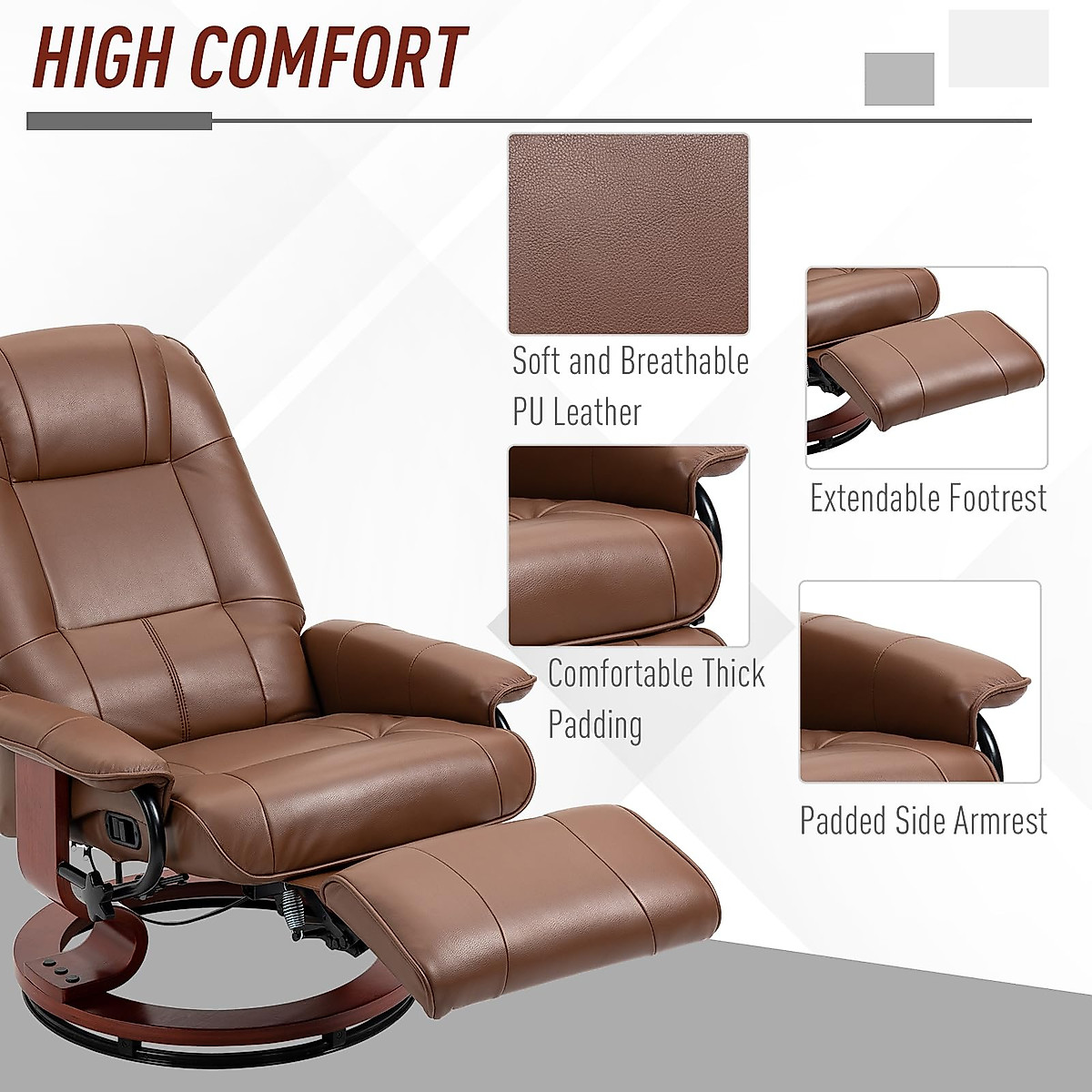 HOMCOM Faux Leather Manual Recliner, Adjustable Swivel Lounge Chair with Footrest, Armrest and Wrapped Wood Base for Living Room, Brown