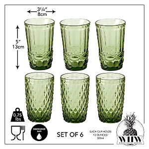 WHW Whole House Worlds Baroque Highball Tumbler Glasses, Set of 6, Translucent Green, Glass, Weighted, 12 Fluid ounces/ 300 ml, 5 Inches Tall, Faceted and Beaded Arabesque Patterns