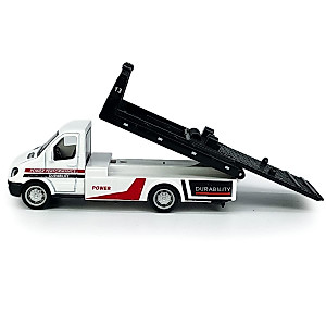 Flatbed Truck Toy Rescue Tow Truck Transport Trailer Car Carrier Metal Diecast Pull Back Vehicles 2 in 1 Vehicle Playset Toy Trucks for Boys Kids Toddlers Birthday Gifts for Age 3 4 5 6, White