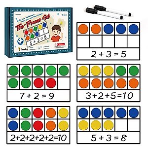 Torlam Magnetic Ten-Frame Set - Math Manipulative for Elementary - 5 Ten Frames & 55 Magnetic Math Counters for Kids, Math Games for Kindergarten (Upgraded Version for Hand-held & 2 Black Pens)