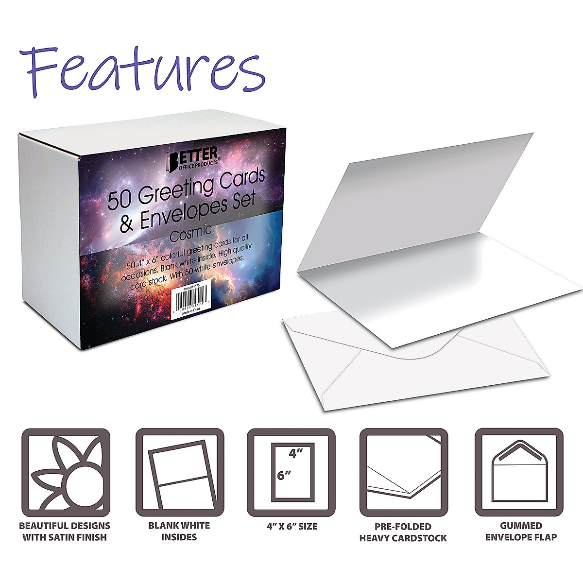 Better Office Products 50-Pack All Occasion Greeting Cards Box Set, 4 x 6 inch, 50 Assorted Blank Note Cards & 50 Envelopes, 6 Cosmic Galaxy Designs, Blank Inside, 50 Pack