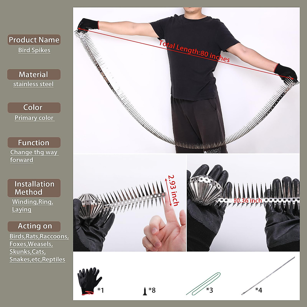 AMZDOTD Bird Spikes for Outside to Keep Birds Away, Pigeon Squirrel Raccoon Bird Spikes Deterrent, Bird Prevention Spikes with Stainless Steel - 80 Inches Medium Size