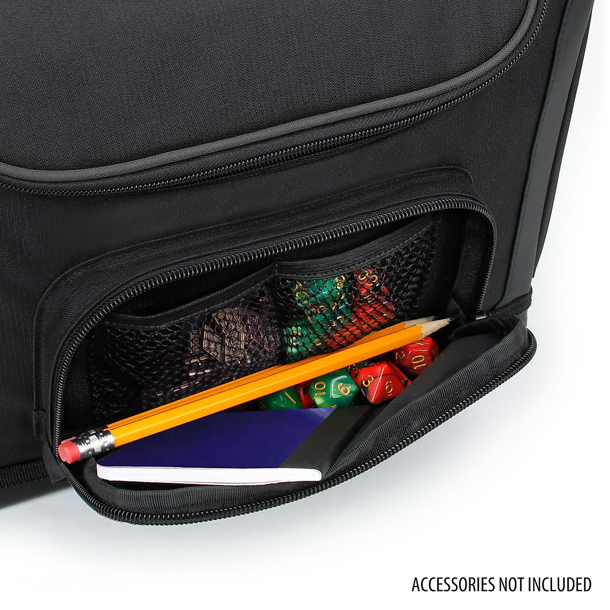 USA GEAR Compact Travel Bag Compatible with Dungeons and Dragons Accessories - Small DND Bag fits RPG Player Essentials, Player's Handbook, Character Sheets, Dice, Tokens, & Mini Player Items (Black)