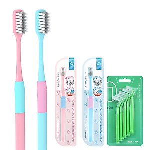 Y-Kelin U-Shaped Orthodontic Toothbrush for Braces, Soft Bristle Brush(4pcs) with L Interdental Brush(10pcs), Cepillo Ortodoncia