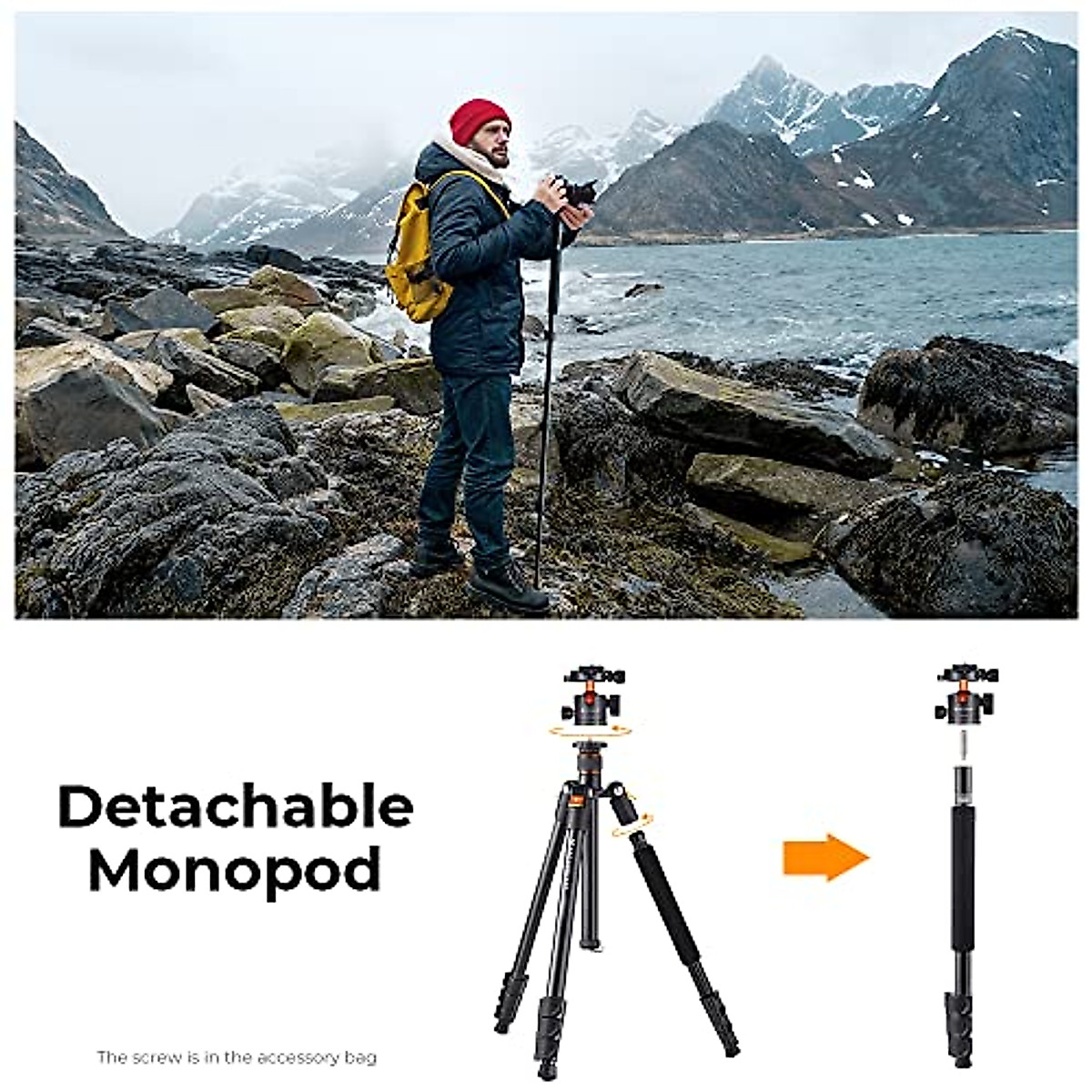 K&F Concept 64 inch/162cm Camera Tripod, Compact Aluminum Alloy Travel Tripods with 28mm Metal Ball Head 10KG/22lbs Load Capacity, Detachable Monopod, for SLR DSLR Digital Camera(B234A1+BH-28L)