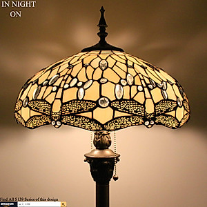 WERFACTORY Tiffany Floor Lamp Dragonfly Cream Stained Glass Standing Reading Light 16X16X64 Inches Antique Pole Corner Lamp Decor Bedroom Living Room Home Office S139 Series
