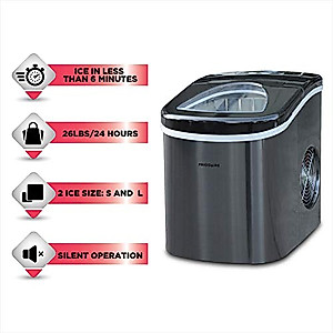 Frigidaire EFIC117-SSBLACK-COM EFIC117-SSBLACK 26 Lbs Portable Compact Maker, Stainless Steel Ice Making Machine, Medium, Black Stainless