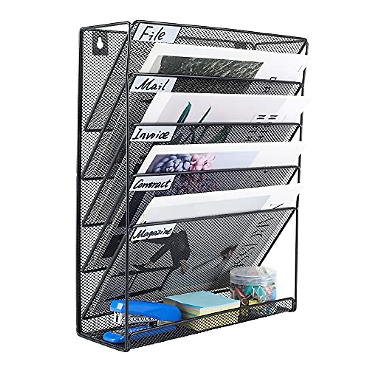 PAG Hanging Wall File Holder Mail Sorter Magazine Rack Office Supplies Metal Mesh Desk Organizer, 6 Tier, Black