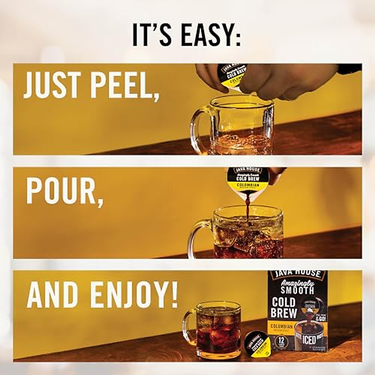 JAVA HOUSE Medium Roast Colombian Cold Brew Pods, (12 Count) Peel and Pour Pods Hot or Iced Instant Coffee Concentrate