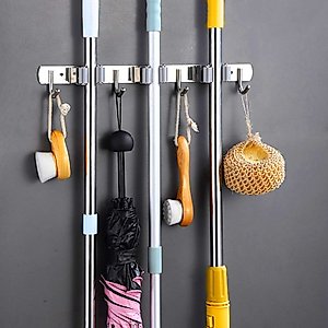 YYTONG Broom and Mop Holder, Wall Mounted Broom Holder, Stainless Steel Mop Holder, Self Adhesive Heavy Duty Hooks Storage Organizer for Laundry Room Garden Garage Closet Kitchen (3 Racks 4 Hooks)