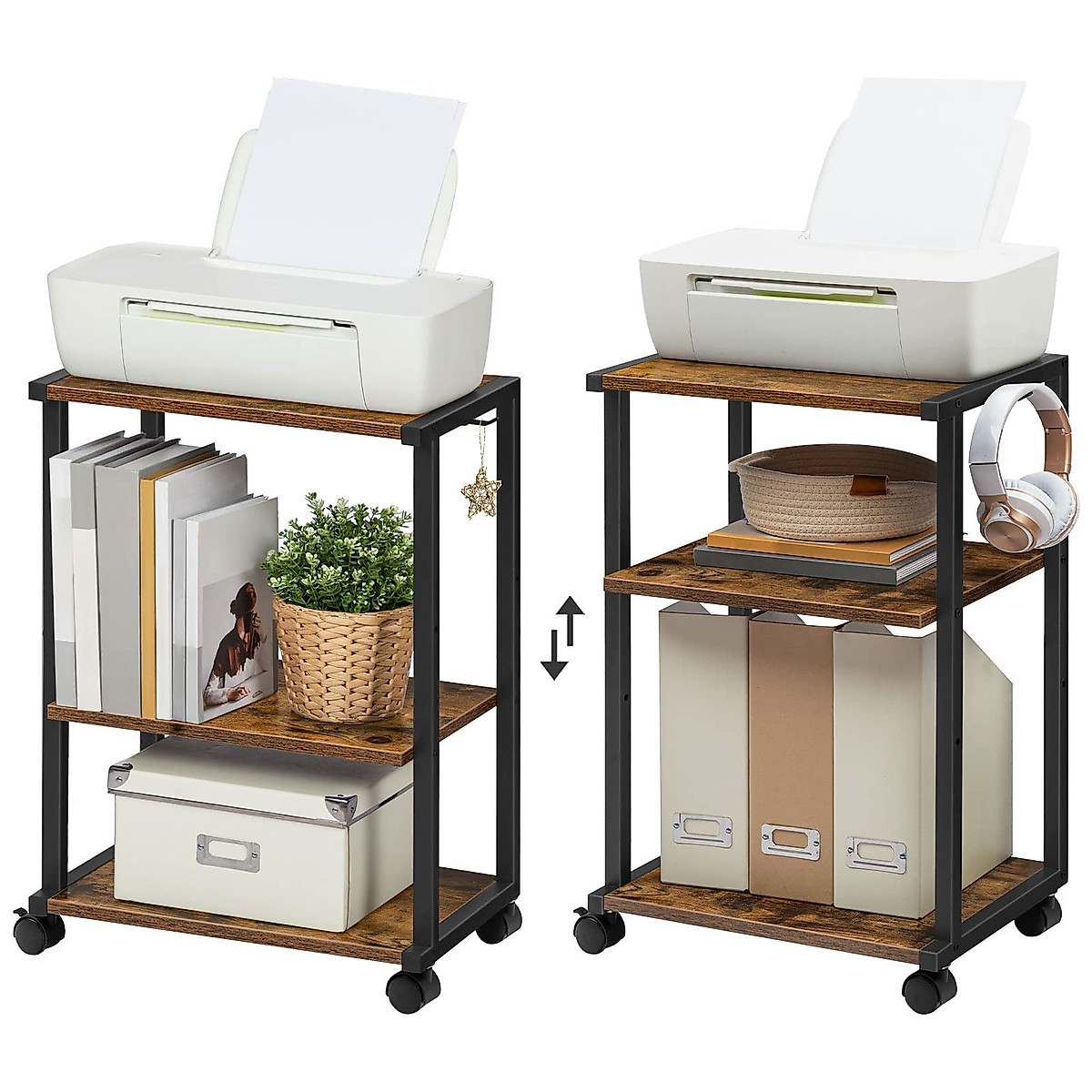 HOOBRO Mobile Printer Stand, 3-Tier Printer Cart Under Desk with Storage, Industrial Adjustable Rolling Cart , Sturdy Little Table on Wheels for Home Office, Rustic Brown and Black BF28PS01