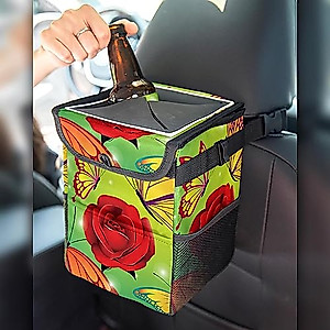 RODAILYCAY Trash Bag for Car, Foldable Vehicle Garbage Container Can with Lid Storage Bag, Red Rosy Flower Flying Blutterflies Kissing Leak-Proof Truck Trash Dustbin