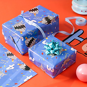 LeZakaa 3rd Birthday Wrapping Paper Sheets - Sharks with Birthday Hat Design - Perfect for Boys, Girls, Kids - 27.5 x 19.6 inches - 6 Sheets (22.4 sq.ft.ttl.)