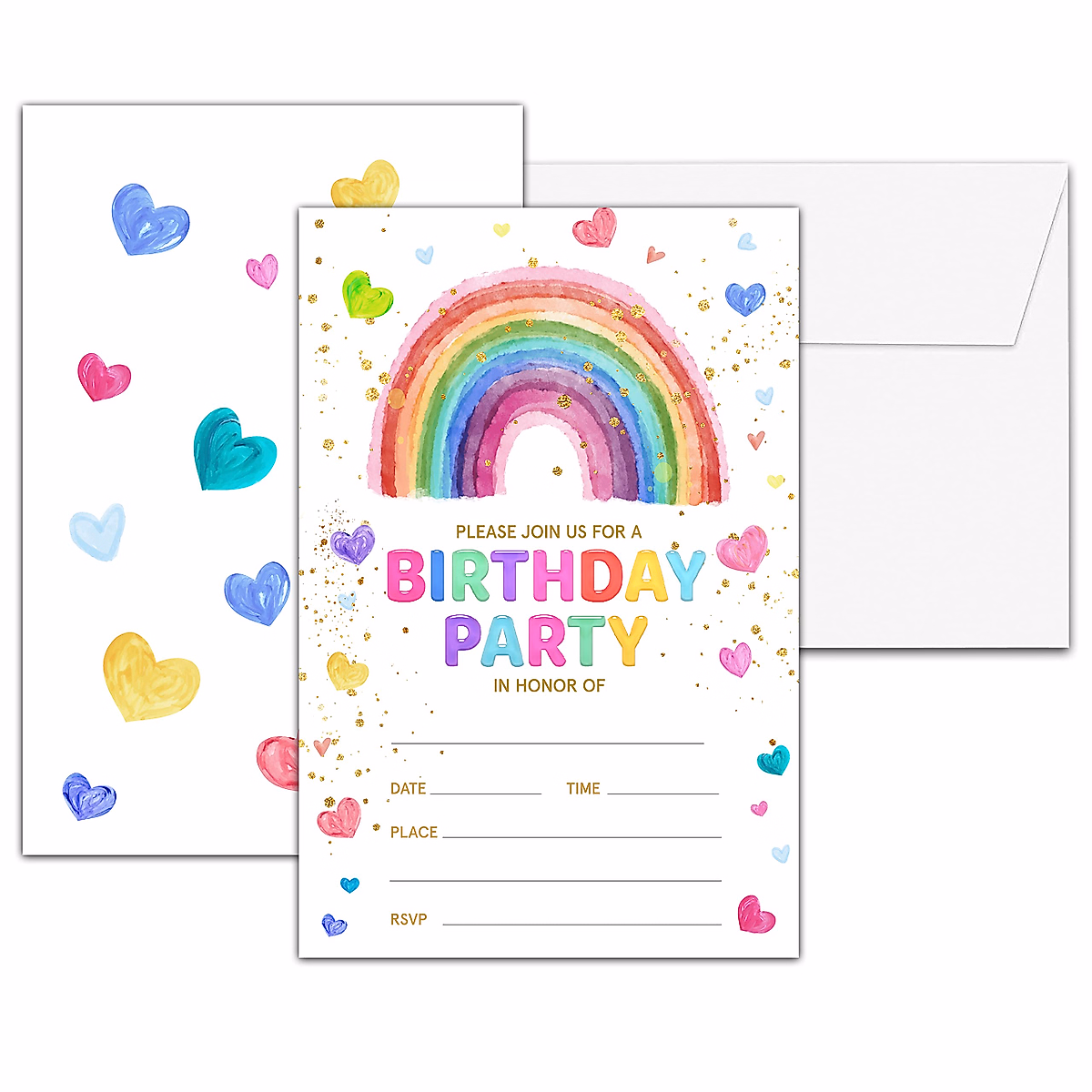 Chuxvon Birthday Party Invitations, Rainbow Heart Birthday Invitations, Double-Sided Fill In Birthday Invites, Birthday Party Favors Decorations Supplies, 20 Cards With 20 Envelopes(Invite-A02)