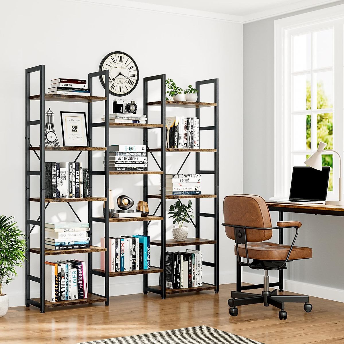 NUMENN Triple Column 5 Tier Bookshelf, Bookcase with 14 Open Display Shelves, Adjustable Rustic Industrial Style Book Shelves, Modern Bookshelves for Bedroom, Living Room and Home Office, Vintage