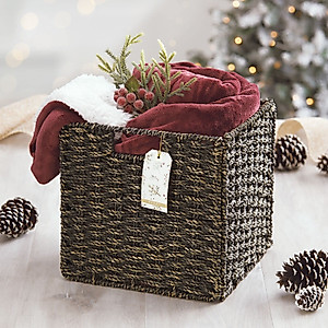 mDesign Seagrass Woven Cube Basket Organizer with Handles - Storage for Bedroom, Office, Living Room, Bathroom, Perfect for Cubby Storage Units - Hold Blankets, Magazines, Books - 4 Pack - Black Wash