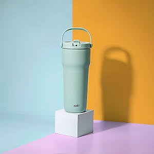 Zak Designs Sutton Travel Tumbler for On the Go, 30oz Stainless Steel with Vacuum Insulation, Straw Spout, Carry Handle for Cold Drinks (Icicle Mint Green)