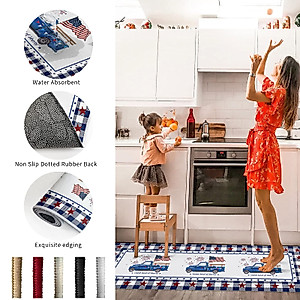 July 4th Kitchen Rugs Sets 2 Piece Floor Mats Independence Day Buffalo Plaid Blue Truck Stars Doormat Non-Slip Rubber Backing Area Rugs Carpet Inside Door Mat Pad Sets-15.7" x 23.6"+15.7" x 47.2"