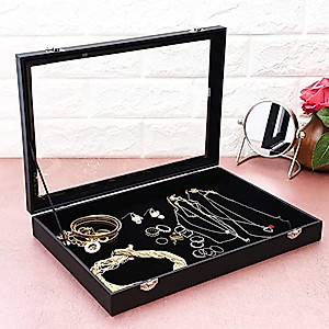 Black Velvet Jewelry Display Case for Rings, Bracelet and Necklace Organizer Box for Selling (13.75 x 9.5 In)