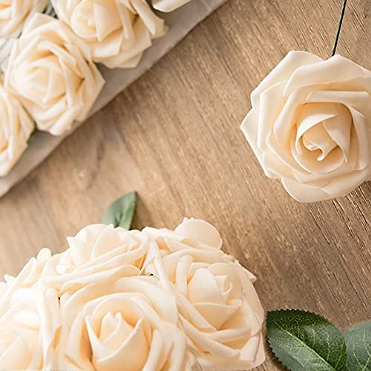 Higfra Artificial Flowers 25pcs Real Looking Fake Roses with Stems for DIY Wedding Bouquets Baby Shower (Champagne)