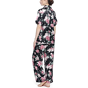 Lavenderi Women's Short Sleeve Classic Satin Pajama Set（Large,Black Floral Print
