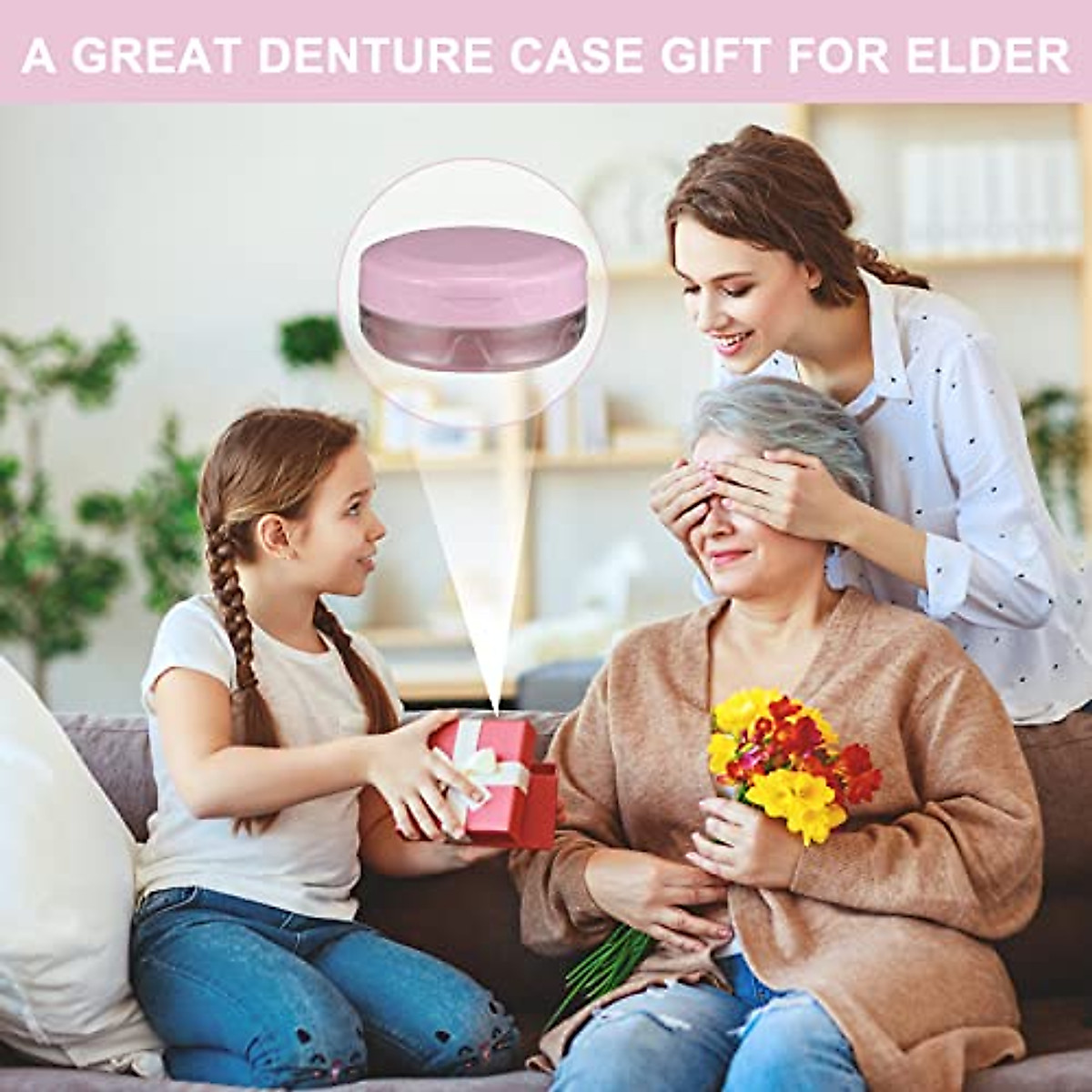 Denture Case, Leak Proof Denture Bath Case Cup Kit for Travel Cleaning, Denture Holder Box Bath Soaking Container for Women & Men with Mirror, Strainer, Removal Tool and Denture Brush(Pink)