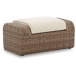 Signature Design by Ashley Sandy Bloom Casual Outdoor Ottoman with Cushion, Dark Brown & Beige