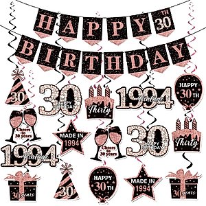 KORHONEN 30th Birthday Decorations for Women, Pink Black 30th Birthday Party Decorations for Her Include Happy 30th Birthday Banner and Hanging Swirls, Happy 30th Birthday Party Decor for Women