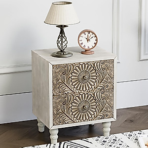 HOMPUS Nightstand, Rustic End Table with 2 Pattern Carved Drawers, Vintage Night Stand with 4 Wood Legs, Small Dresser for Bedroom, Living Room, Light Grey Grain