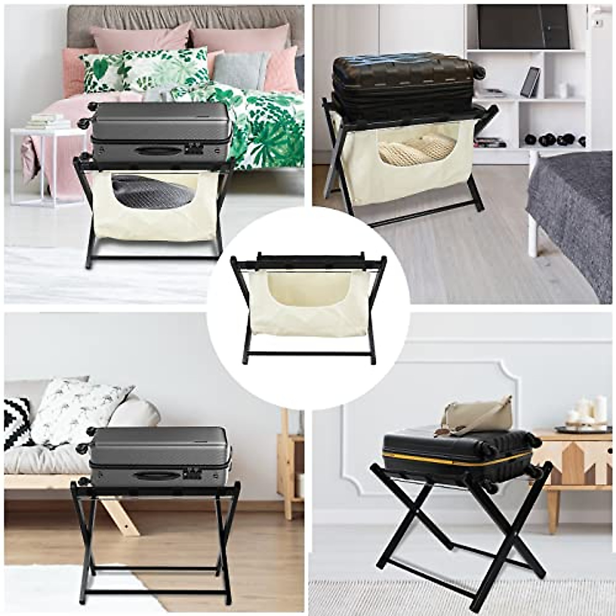 ECOMEX Luggage Rack, Luggage Rack with Removable Fabric Basket, Wooden Folding Luggage Rack with Laundry Bag, Nylon Straps, Space Saving Suitcase Holder for Bedroom,Guest Room,Hotel, Black