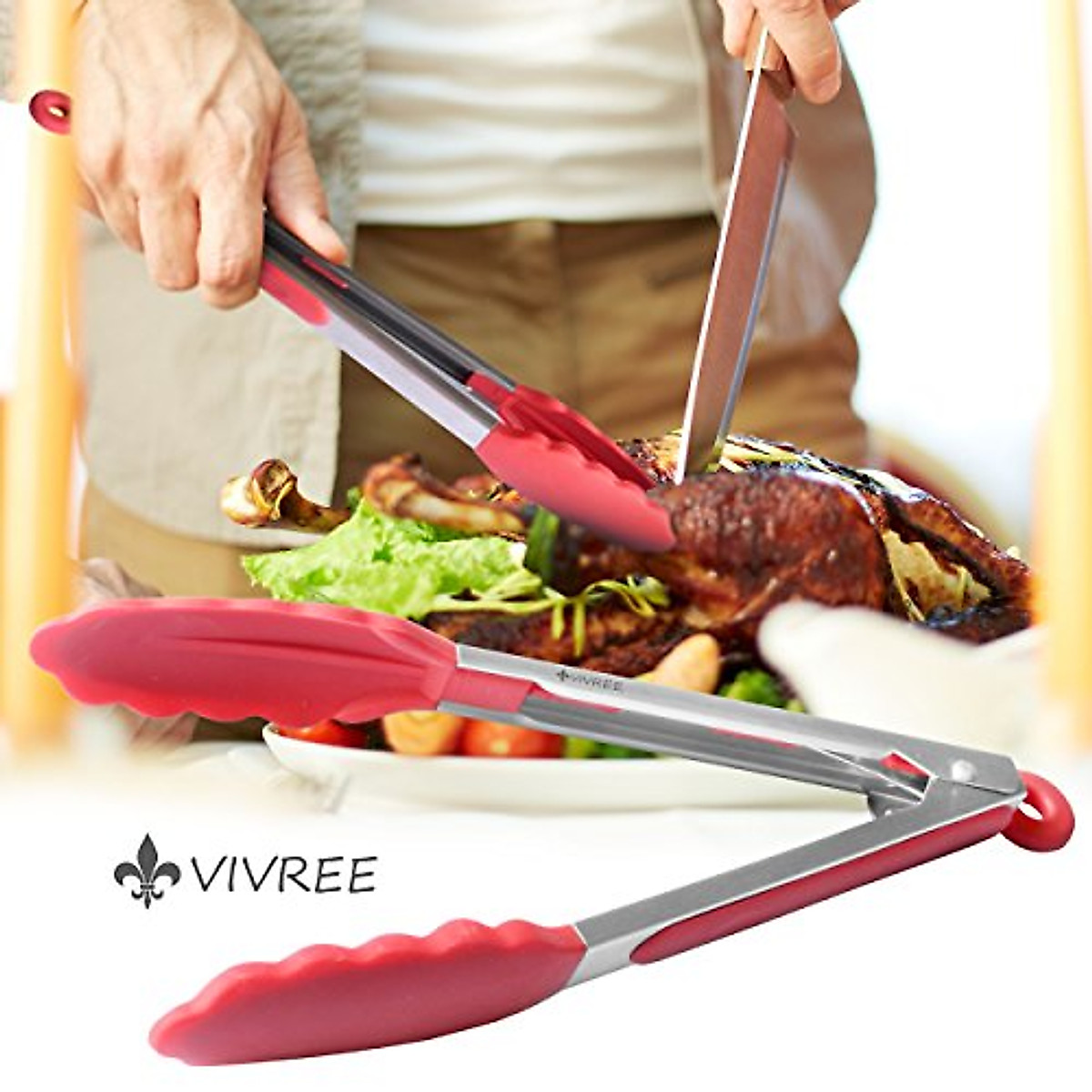 MEKBOK Kitchen Tongs Set - Salad & Grill Stainless Steel Serving Tongs with Silicone Tips - 9"&12" (Red)