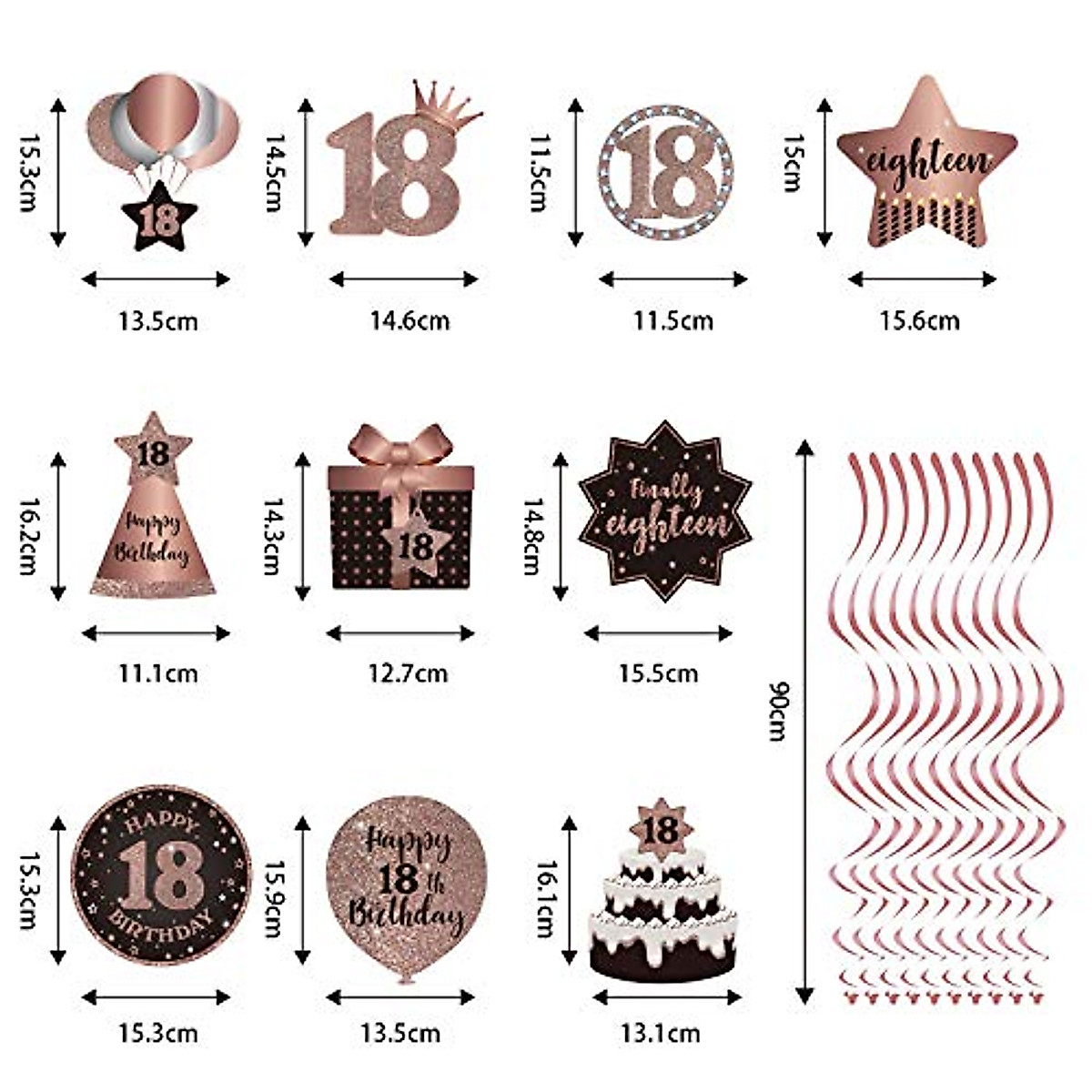 Happy 18th Birthday Party Hanging Swirls Streams Ceiling Decorations, Celebration 18 Foil Hanging Swirls with Cutouts for 18 Years Old Pink and Gold Birthday Party Decorations Supplies