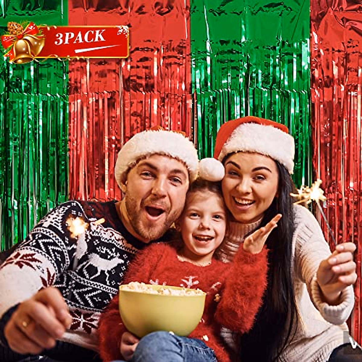 LYUBASA 3 Pack Christmas Party Decorations, Red and Green Tinsel Foil Fringe Curtains,Ugly Sweater theme Photo Booth Prop Streamer Backdrop decor Indoor outdoor Party Supplies for Happy New Year party