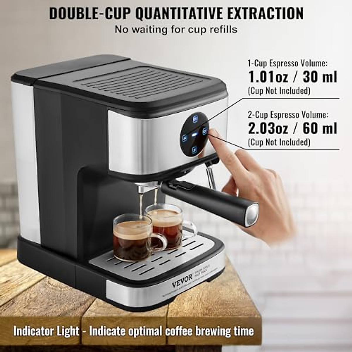 VEVOR Espresso Machine, 15 Bar Coffee and Espresso Maker with Milk Frother Steam Wand, Professional Semi-Automatic Cappuccino Latte Machine with Touch Screen & Removable Water Tank, NTC Control System