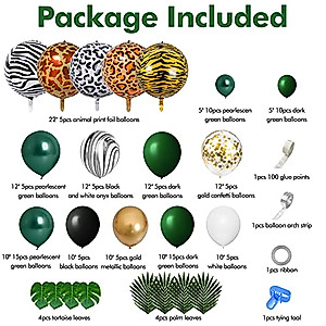 Amandir Jungle Safari Balloon Garland Arch Kit, Gold Dark Green 4D Animal Foil Balloons Artificial Tropical Palm Leaves Safari Baby Shower Decorations for Boys Girls Wild One Birthday Party Supplies