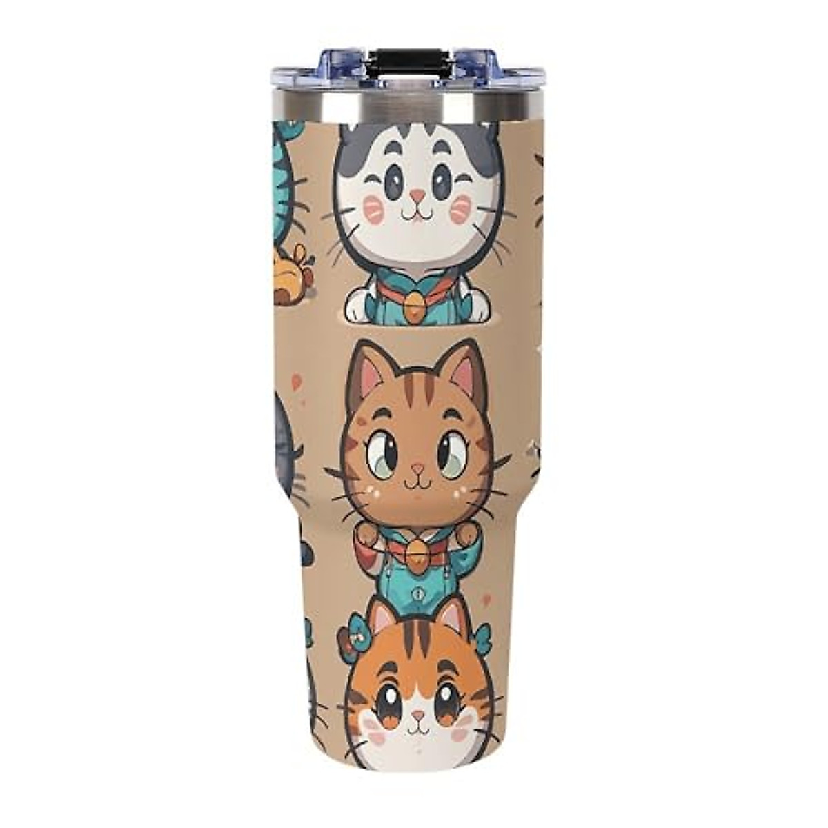 Many Cartoon Cats Insulated Stainless Steel Travel Mug, 40 Oz Tumbler with Handle And Straw Double-Wall Vacuum Coffee Cup, Leak-Proof Lid, Keeps Drinks Hot/Cold for Hours