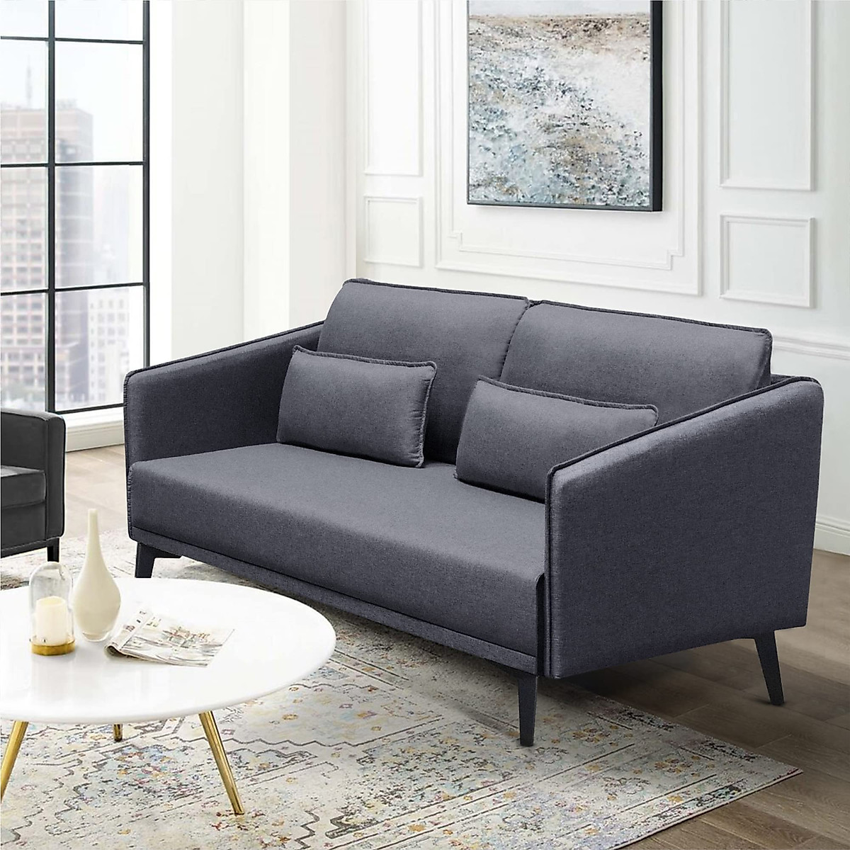 Sunrise Coast Loveseat Living Room Upholstered Modern Linen Fabric Couch with 2 Pillows for Apartment Small Space Loft 2-Seater Sofas 58", Dark Grey