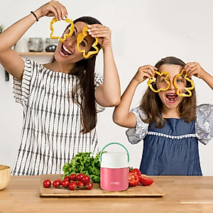 FEWOO Food Jar, 13.5oz Insulated Lunch Soup Container for Hot Cold Food for Kids Adults, Leak Proof Vacuum Stainless Steel Food Jar with Folding Spoon for School Travel Outdoors (Green-Pink)